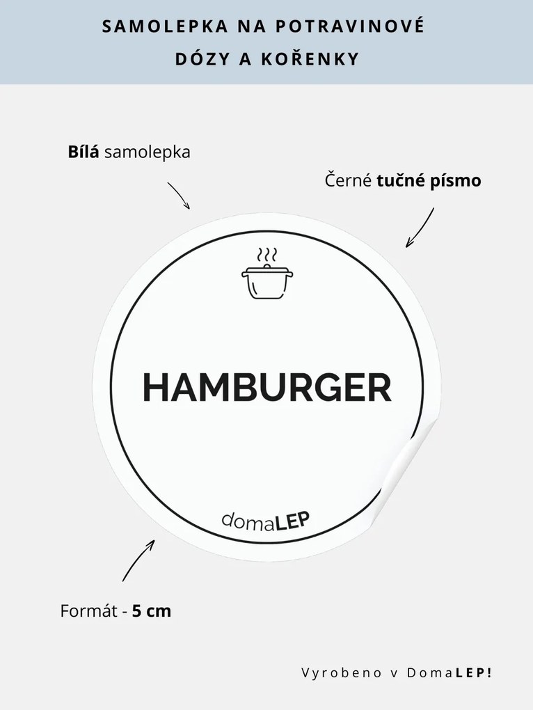 Samolepka na kořenky HAMBURGER bílá 5 cm tučné písmo