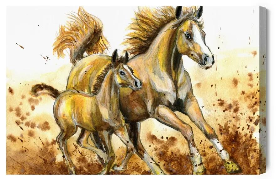 Obraz Cválající Koně Malované Akvarelem Nedostatek Nedostatek Přírodní plátno 100x70