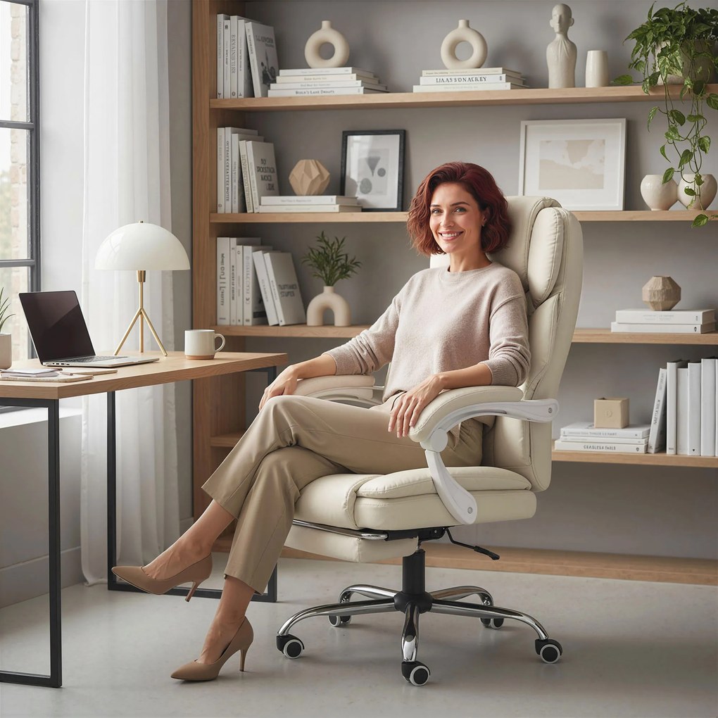 HOMCOM ergonomická kancelářská židle — sklopné opěradlo, nastavitelná výška, podnožka, 360° otočná, taštičkové pružiny, ekokůže, béžová