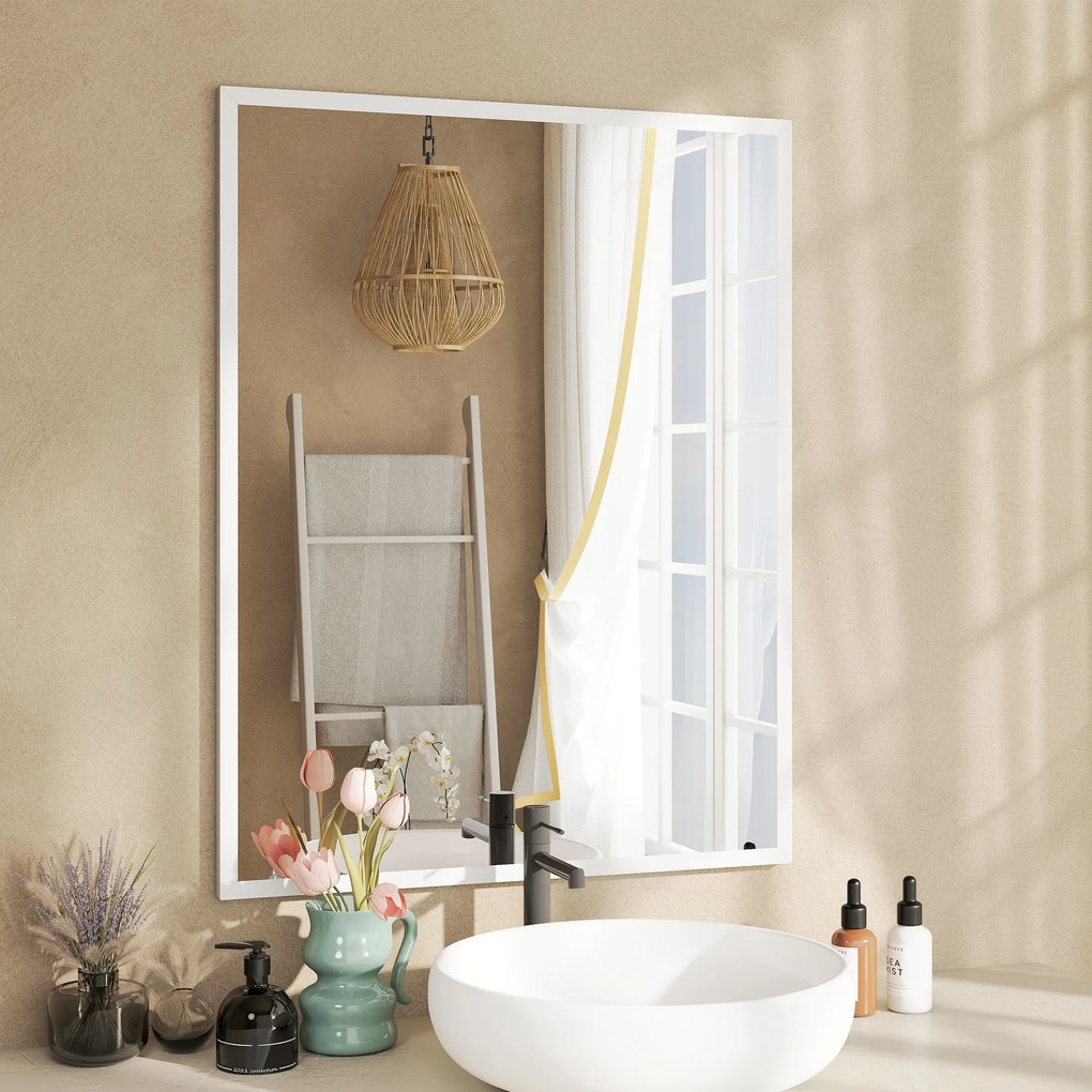 HOMCOM Obdélníkové Zrcadlo Koupelnové Zrcadlo 70x90 cm Dekorativní Zrcadlo pro Obývací Pokoj, Předsíň, Chodbu Horizontálně nebo Vertikálně Bílé