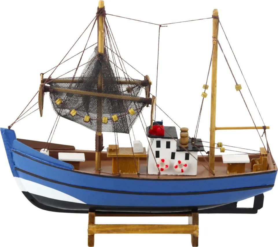 LEAN Toys Sběratelský dekorativní model rybářské lodi modrý 30x26 cm