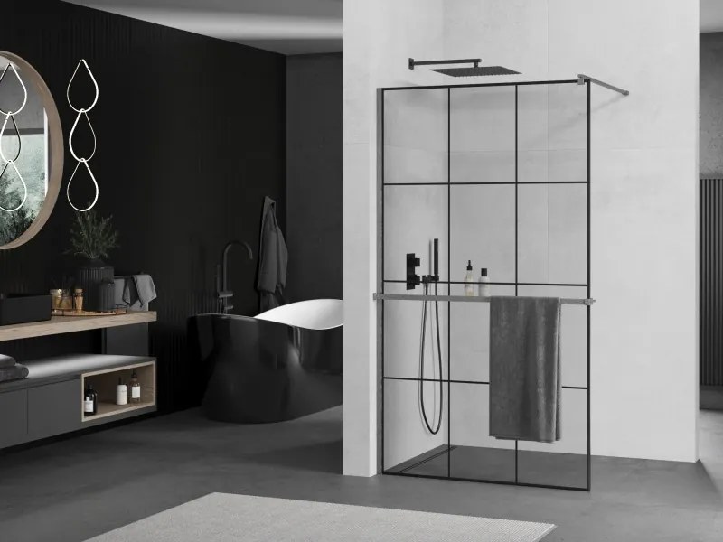 Mexen Kioto+, sprchová zástěna Walk-In s poličkou a věšákem 100 x 200 cm, 8mm čiré sklo černý vzor, grafitový profil, 800-100-121-66-77