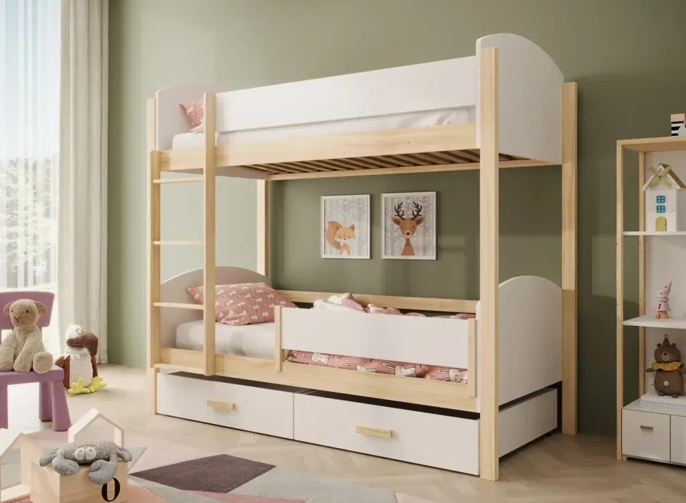 Dětská patrová postel Jori s bariérkou 180x80 s matrací – borovice (86 x 171) cm