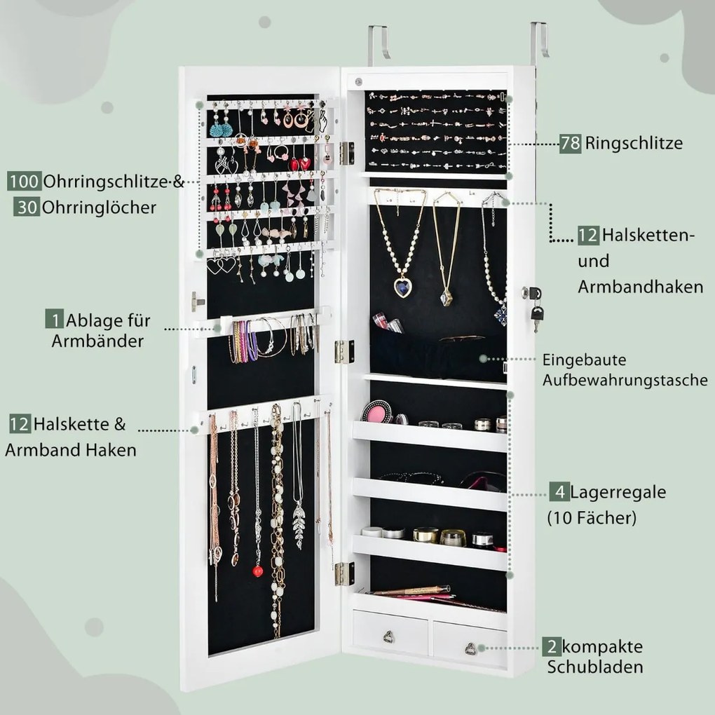 Costway Mirrored Jewelry Cabinet Uzamykatelný na stěnu/dveře – 36 × 10 × 108 cm