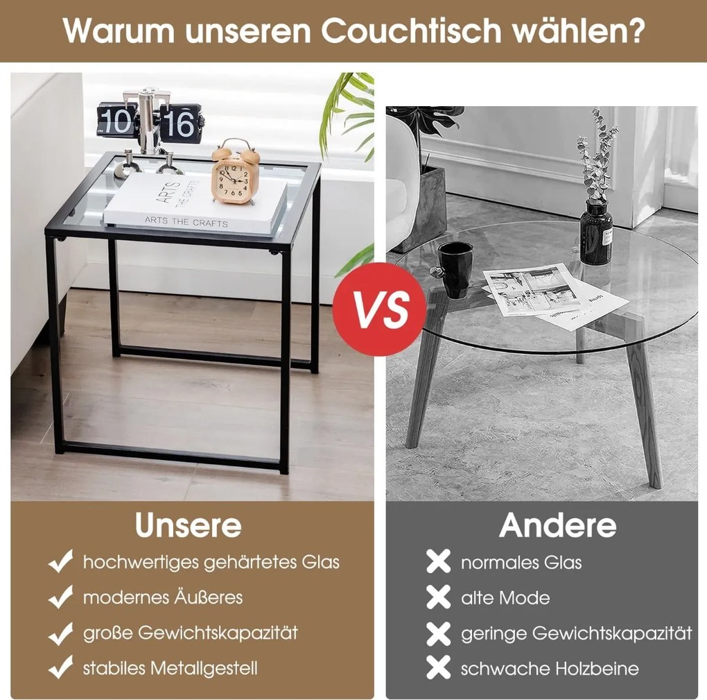 Costway Odkládací stolek malý s deskou z tvrzeného skla – 43 × 43 × 45 cm, černý
