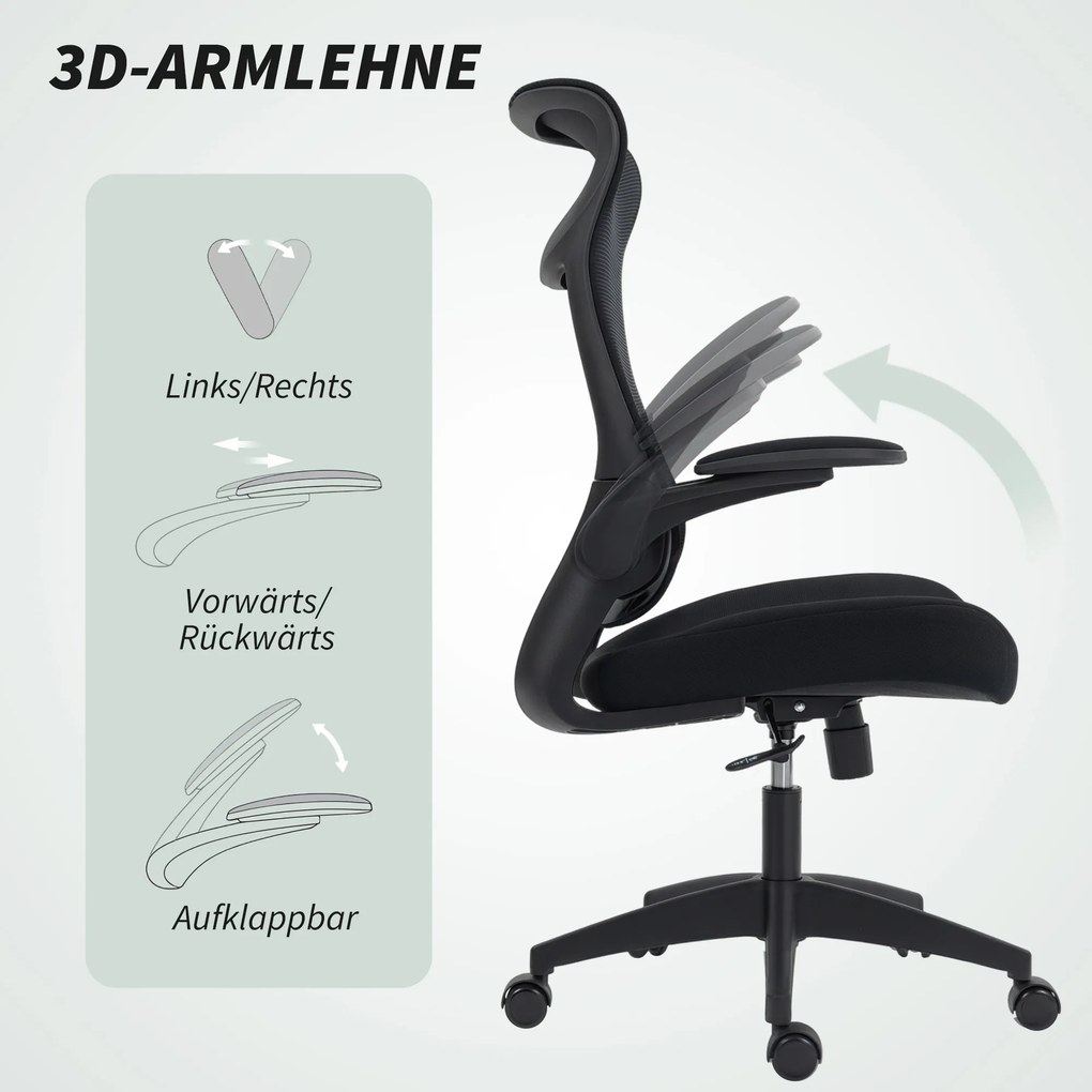 HOMCOM Ergonomická kancelářská židle se 3D opěrkami rukou, síťovaným opěradlem, S-formovaným opěradlem, opěrkou hlavy, funkcí naklápění, černá