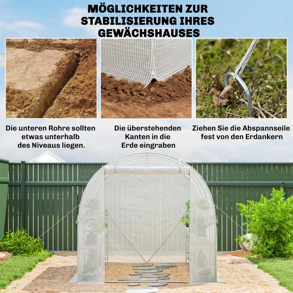 Outsunny Skleník o rozměrech cca 2,7 x 2 m Fóliový skleník s policemi Rolovací dveře na zip 6 oken se síťovinou Nosné tyče 84H-542V00WT