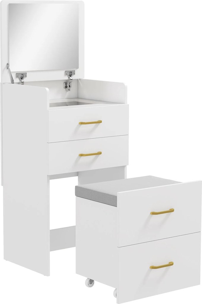 HOMCOM 3-v-1 Toaletní Stolek se Židlí - Toaletní Stolek s Zrcadlem, Zásuvkami a Skleněnou Deskou - Moderní Toaletní Stolek do Ložnice 48x40x90 cm Bílý