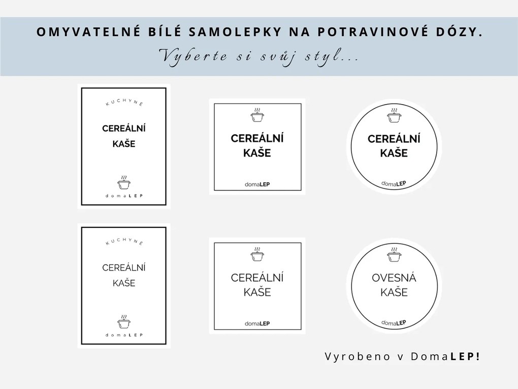 CEREÁLNÍ KAŠE - omyvatelná samolepka na dózu, výběr rozměrů Ø 5 cm / 5 x 5 cm / 6 x 8 cm | DomaLEP tvar: OBDÉLNÍK, barva: BÍLÁ - ČERNÉ písmo, velikost: š. 6 cm x v. 8 cm - tučné písmo