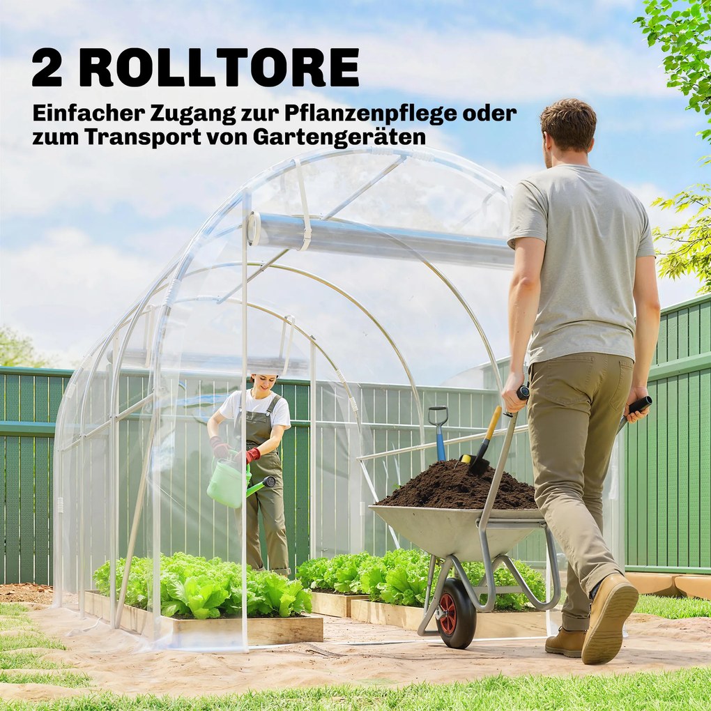 Outsunny Skleník Polytunnel, průchozí skleník s pozinkovaným ocelovým rámem a krytem z PE odolným proti UV záření, průhledný 84H-443V00CR