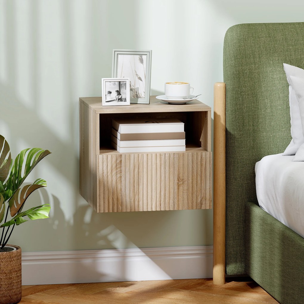 HOMCOM Noční stolek, design bez úchytek, otevřená přihrádka, zásuvka, montáž na zeď, světle hnědá