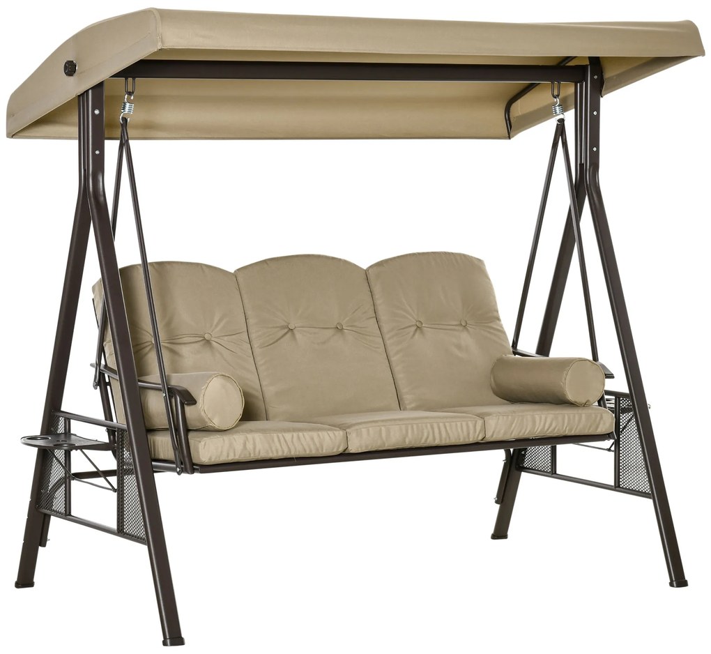 Třímístná zahradní houpačka Outsunny Hollywood s polštáři se sluneční stříškou kov polyester khaki 116 x 206 x 183 cm | Aosom