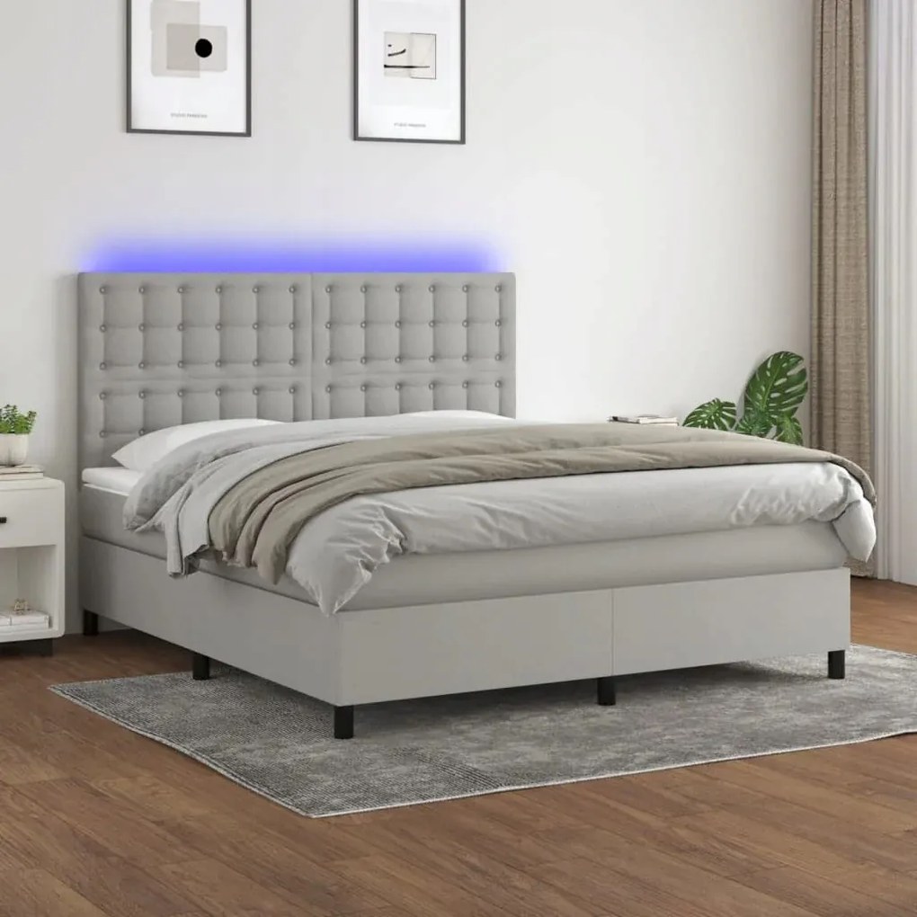 Box Spring Postel S Matrací A Led Textil Světle Šedá tlačítka 160 x 200 c