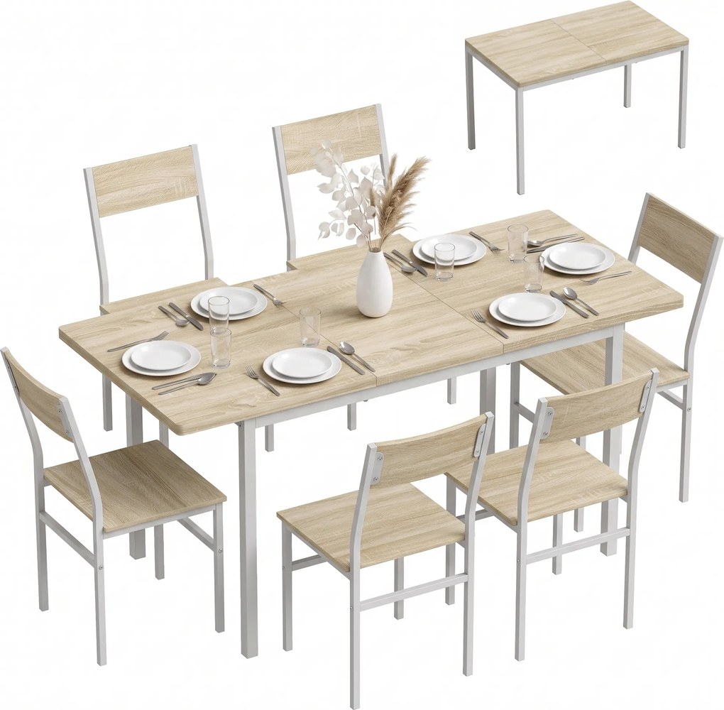 HOMCOM rozkládací jídelní set 120-160 cm se 6 židlemi pro 4-6 osob, vzhled dubu