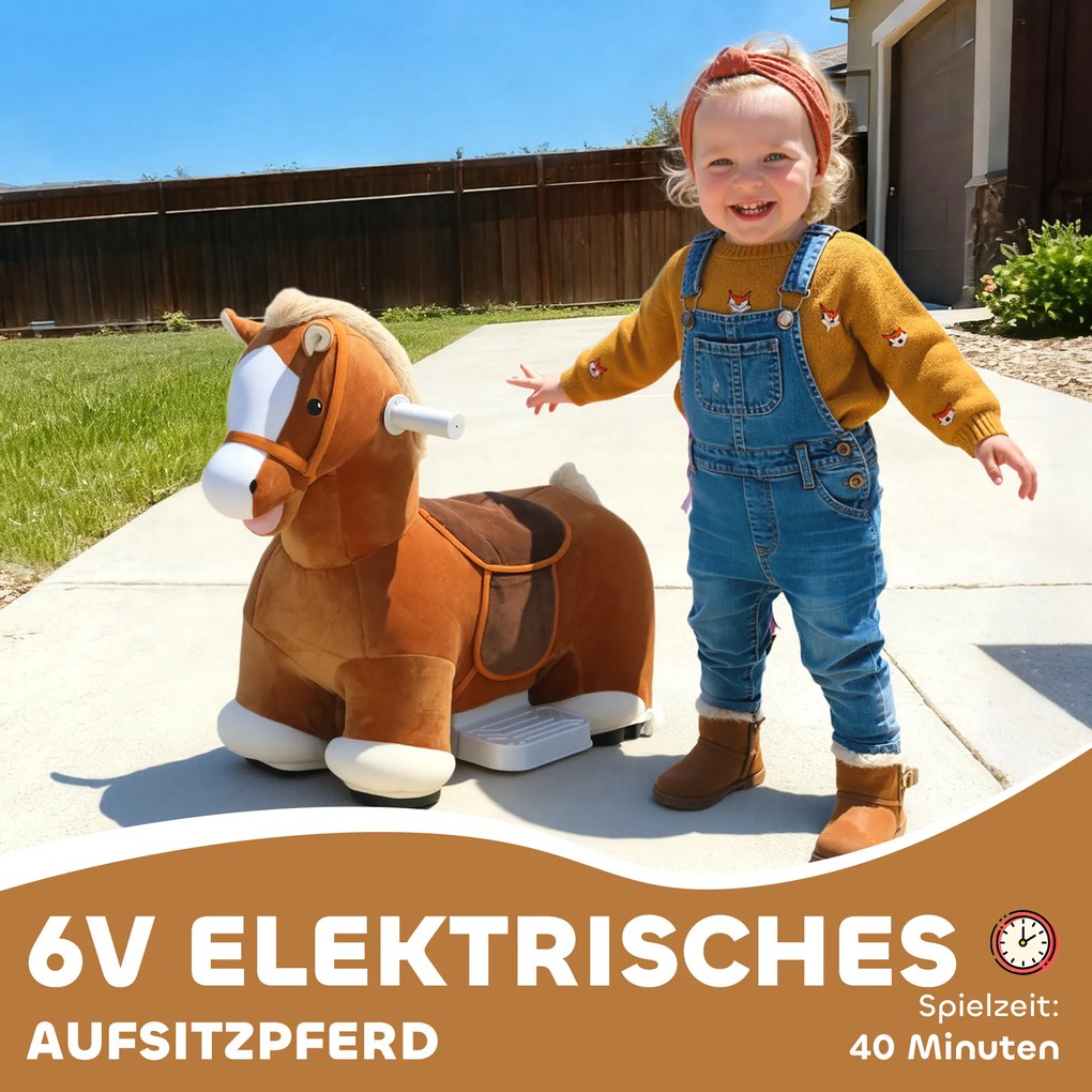 AIYAPLAY Jezdecký kůň na kolečkách pro děti, měkké potažení, napájení baterií, hudba, kola, 1,5-5 let, hnědá