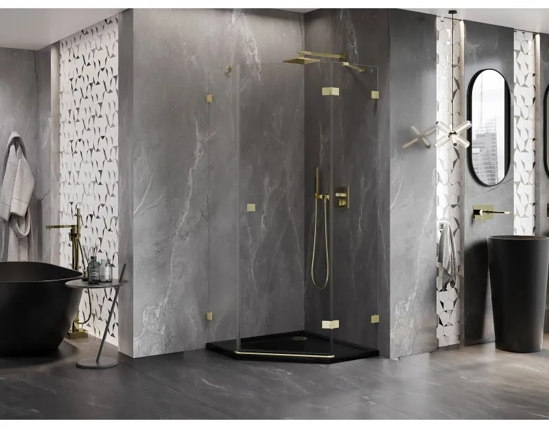 Mexen Lunar, pětiúhelníkový sprchový kout s pravým sklonem 90 x 90 cm, 8mm čiré sklo, zlatý matný profil, 831-090P-090L-55-00-P