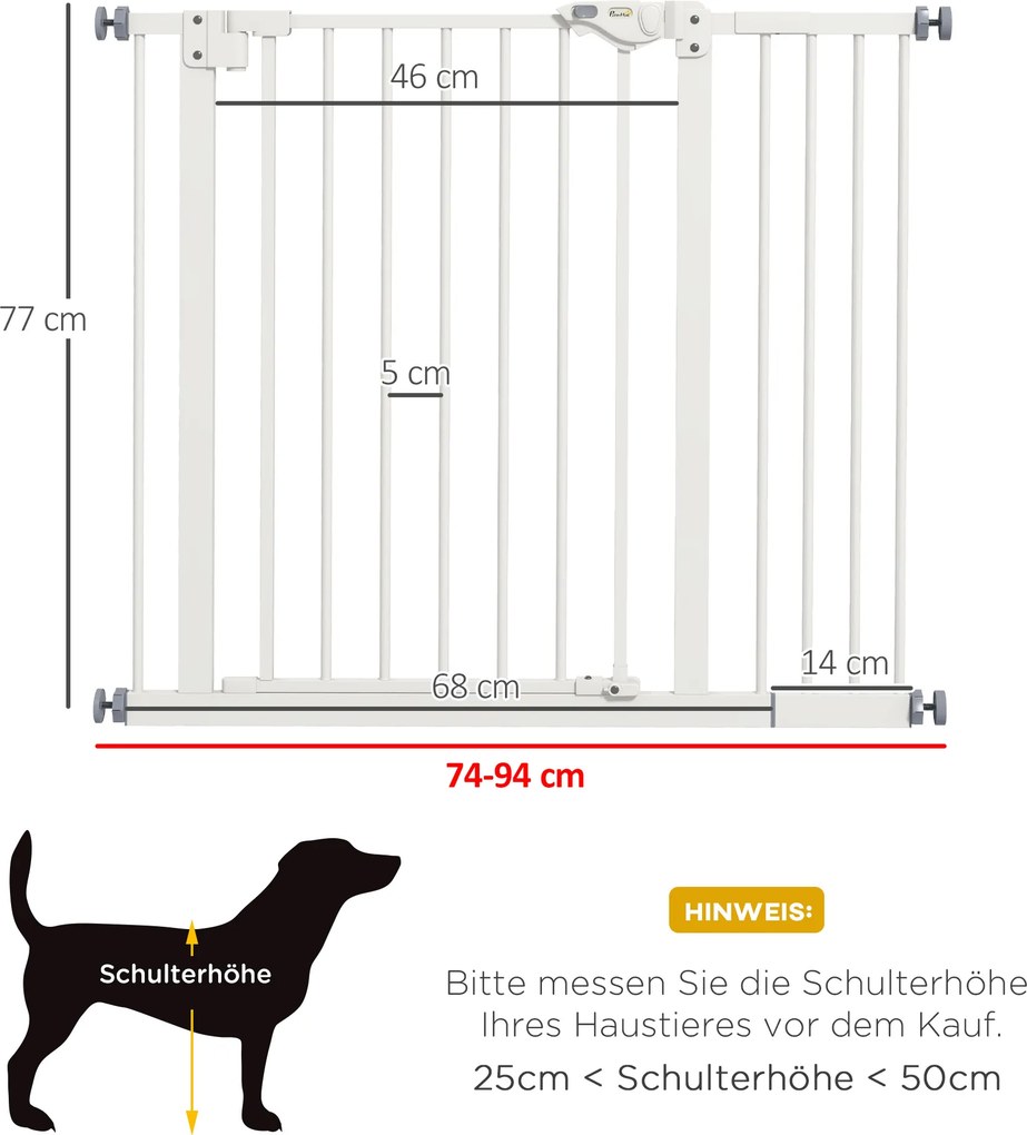 PawHut Zabezpečovací Zábrana Na Schody s 14 cm Expanzí Bez Vrtání pro Šířky 74-94 cm, Dvojitě Otevíratelná Zábrana, Bílá