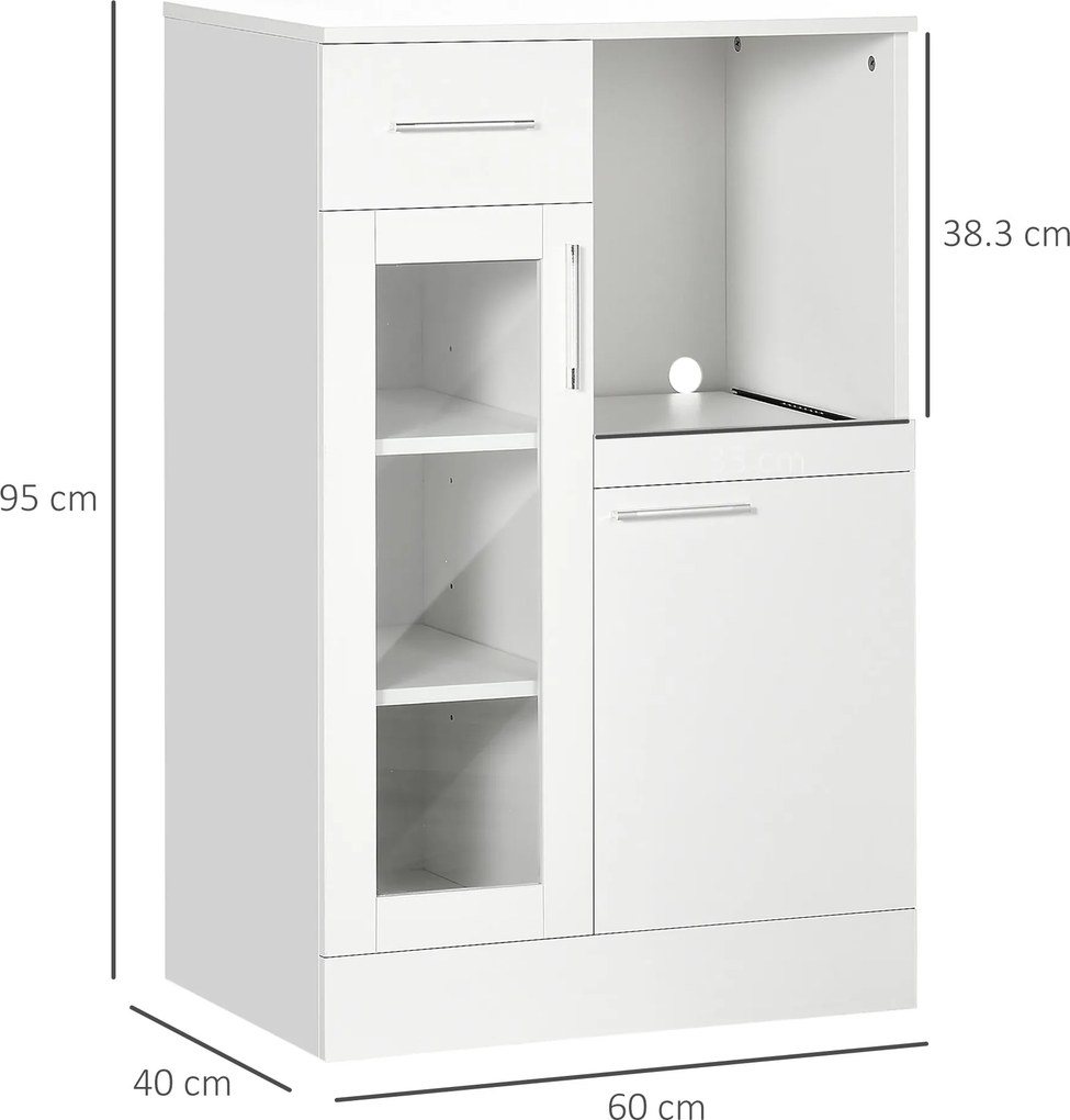 HOMCOM Moderní Jídelní Skříňka s Skříňkami a Zásuvkou, Úsporná Kuchyňská Skříň z Dřeva a Skla 60x40x95cm, Bílá