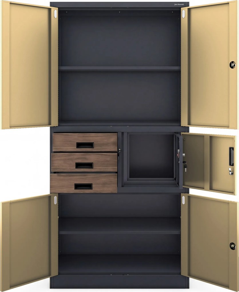 Kovová kancelářská skříň se sejfem antracitová, ořech, 900x1850x400 mm: FILIP II Eco Design
