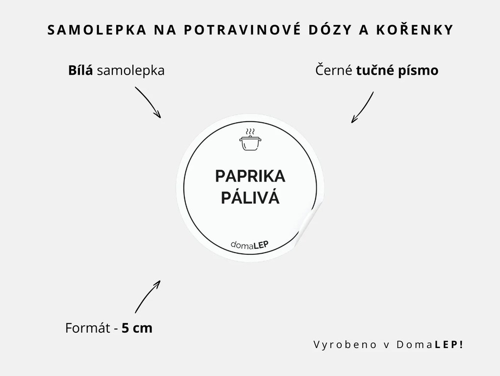 PAPRIKA PÁLIVÁ - omyvatelná samolepka na kořenky, výběr rozměrů Ø 5 cm / 5 x 5 cm / 6 x 8 cm | DomaLEP tvar: KOLEČKO, barva: BÍLÁ - ČERNÉ písmo, velikost: Ø 5 cm - tučné písmo