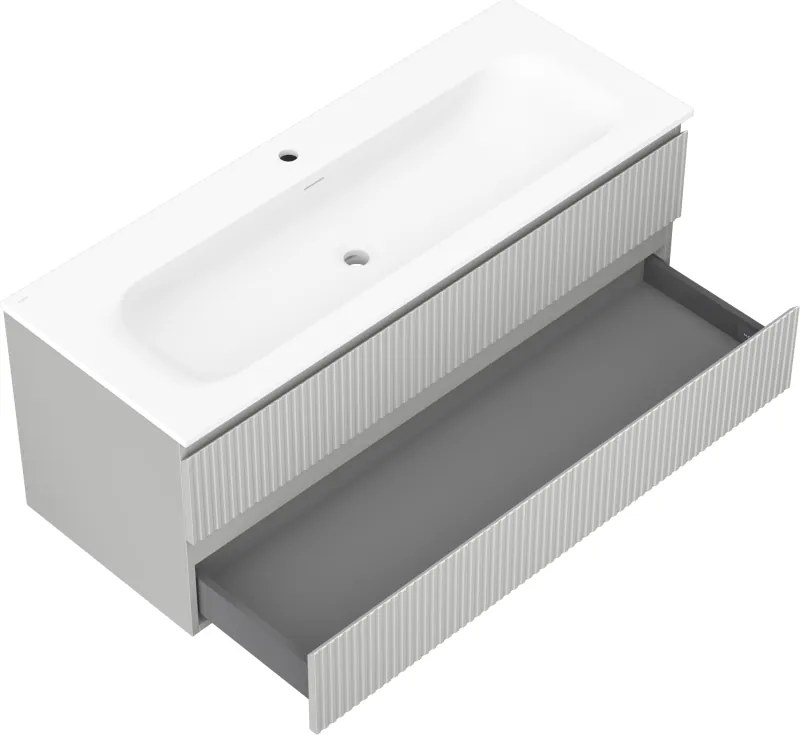 Mexen Rivel, koupelnová skříňka 120 cm s umyvadlem Vela, 2 zásuvky, drážkovaná, šedá matná/bílá, 91A20-12047-2-BFF62-W23M0