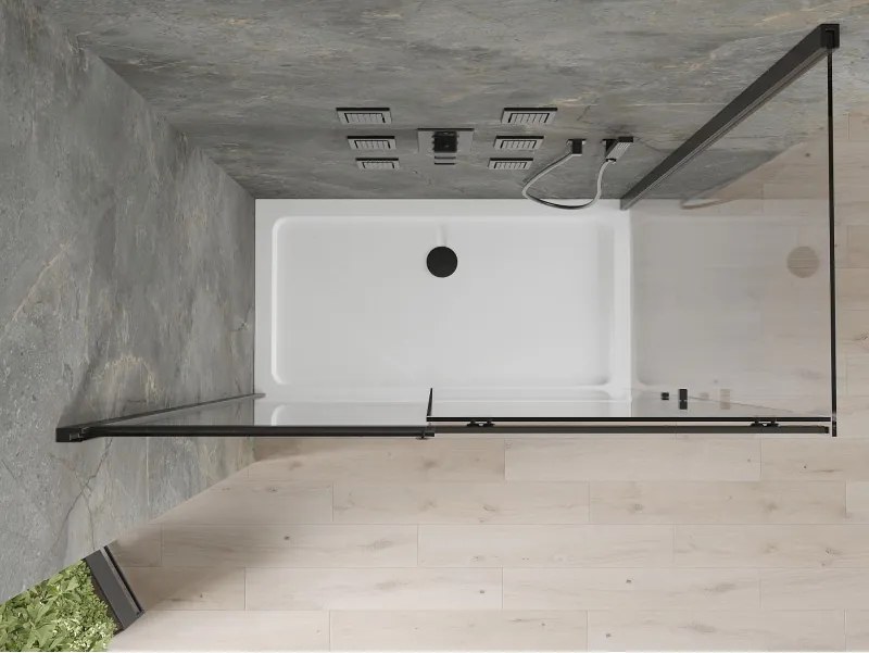 Mexen Omega, sprchový kout s posuvnými dveřmi 140 (dveře) x 80 (stěna) cm, 8mm čiré sklo, černý profil + slim sprchová vanička bílá s černým sifonem, 825-140-080-70-00-4010B