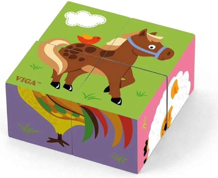 Dřevěné puzzle kostky pro nejmenší Viga Farma