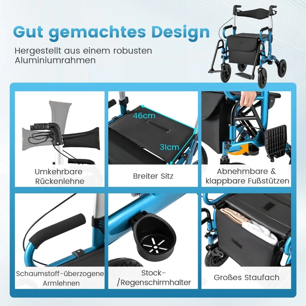 Costway Rollator s pneumatikami, skládací a lehký se sedadlem 2 v 1 invalidním