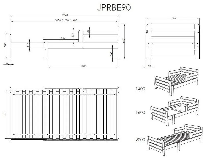 Bílá rostoucí dětská postel z borovicového dřeva s úložným prostorem s matrací a roštem Jumper – Vipack