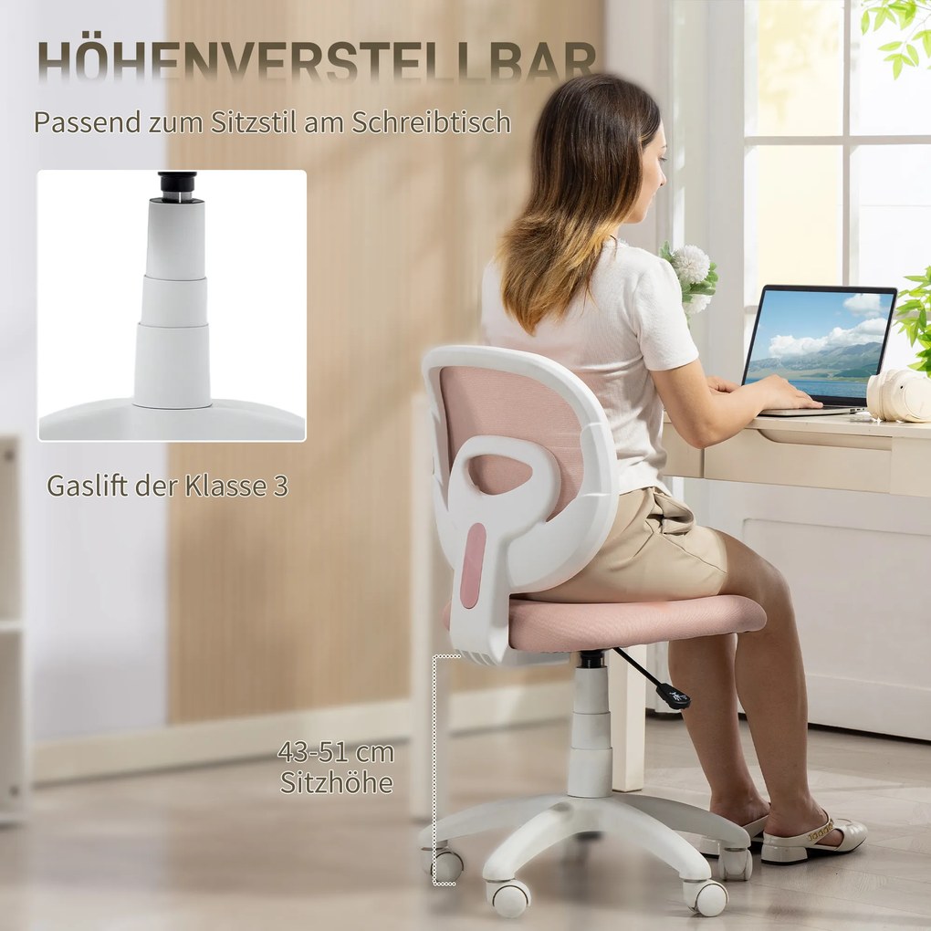 HOMCOM Kancelářská židle, ergonomická židle s C-tvarovanou opěrkou zad, výškově nastavitelná, růžová