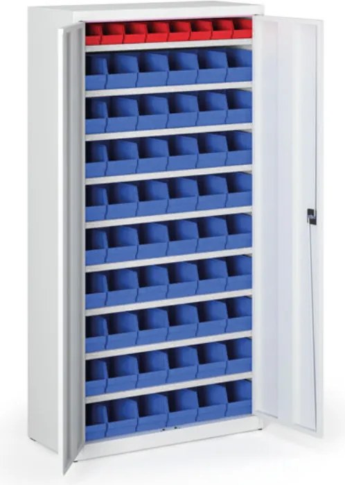 Skříň s plastovými boxy BASIC - 1800 x 400 x 920 mm, 8xA/54xB, šedá/šedé dveře