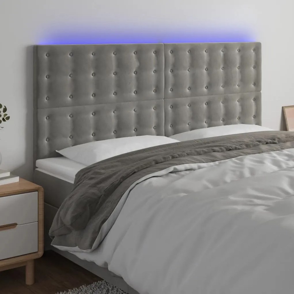 Čelo postele s LED světle šedé 200x5x118/128 cm samet