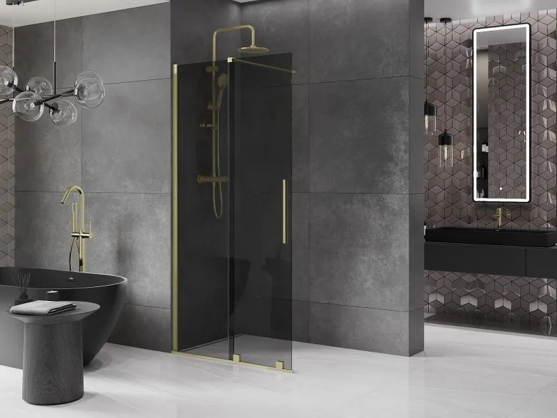 Mexen Velar, sprchová zástěna s posuvnými dveřmi Walk-in 70 x 200 cm, 8mm šedé sklo, zlatá matná, 871-070-000-43-55