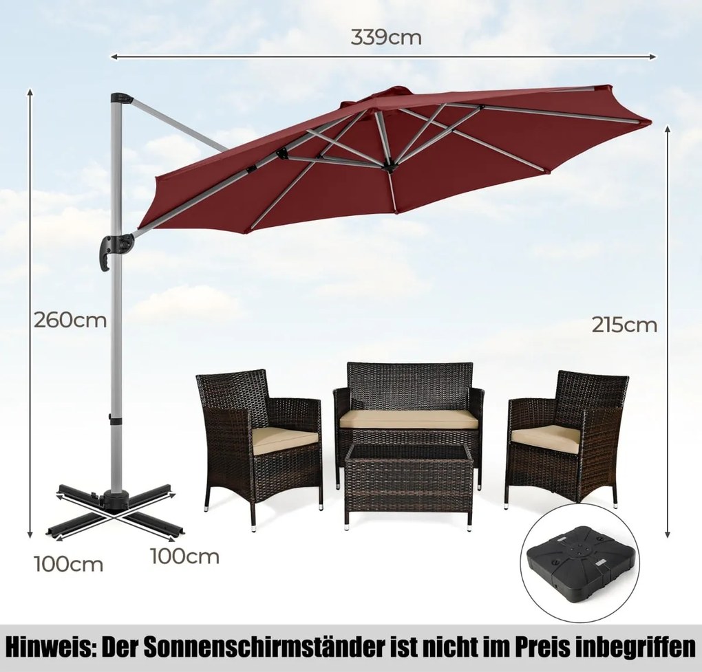 Costway Ø 330 cm slunečník s klikou a UPF 50+ a 360° otočný, červený