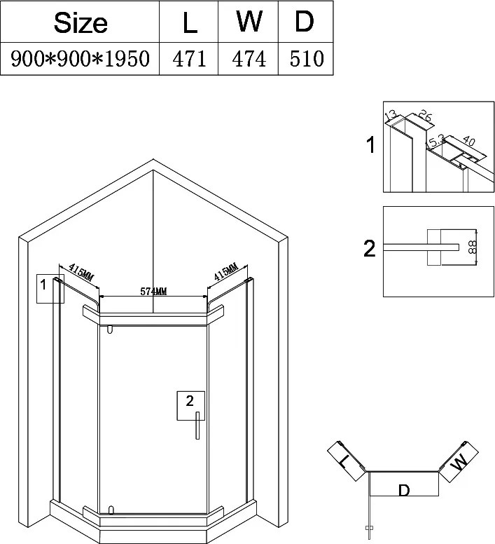 BPS-koupelny Pětiúhelníkový sprchový kout KZ91B 90x90 chrom/transparent - bez vaničky
