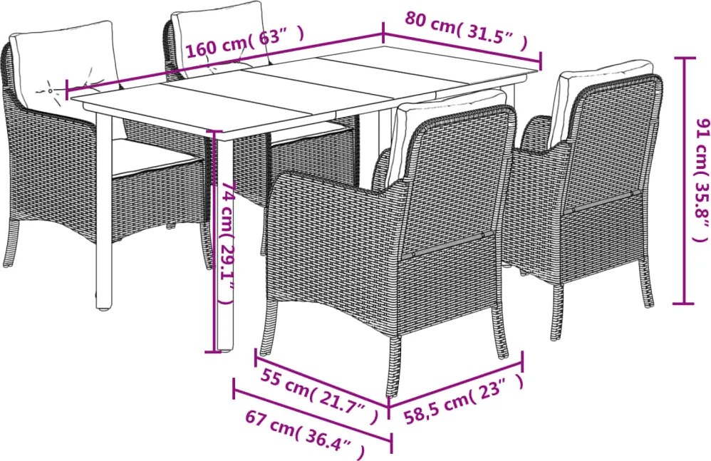 5dílný zahradní jídelní set s poduškami černý polyratan 3211930