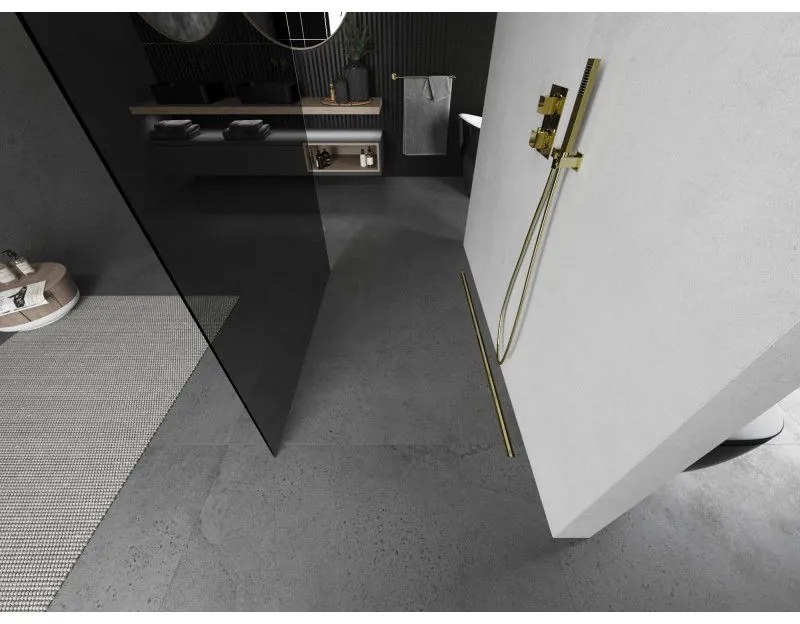 Mexen Kioto, sprchová zástěna Walk-In 130 x 200 cm, 8mm šedé sklo, zlatý matný profil, 800-130-002-55-40
