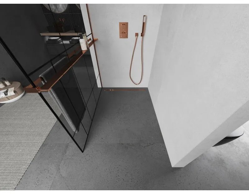 Mexen Kioto+ L, sprchová zástěna Walk-In s poličkou a věšákem 90 x 200 cm, 8mm čiré sklo černý vzor, růžové zlato profil, 800-090-123-60-78