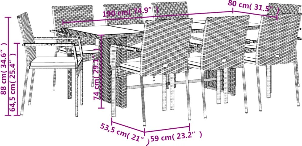 9dílný zahradní jídelní set s poduškami šedý polyratan 3213505