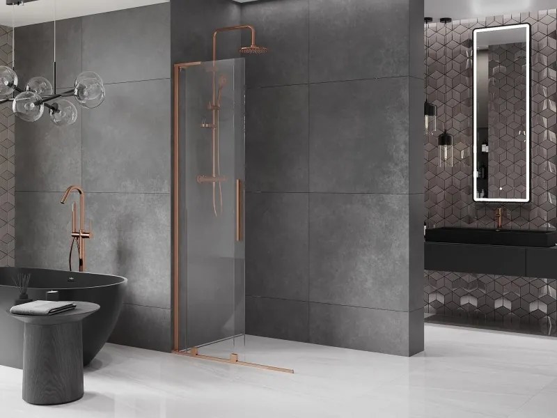 Mexen Velar L, posuvná sprchová zástěna Walk-in 90 x 200 cm, 8mm čiré sklo, měděná matná, 871-090-003-03-65