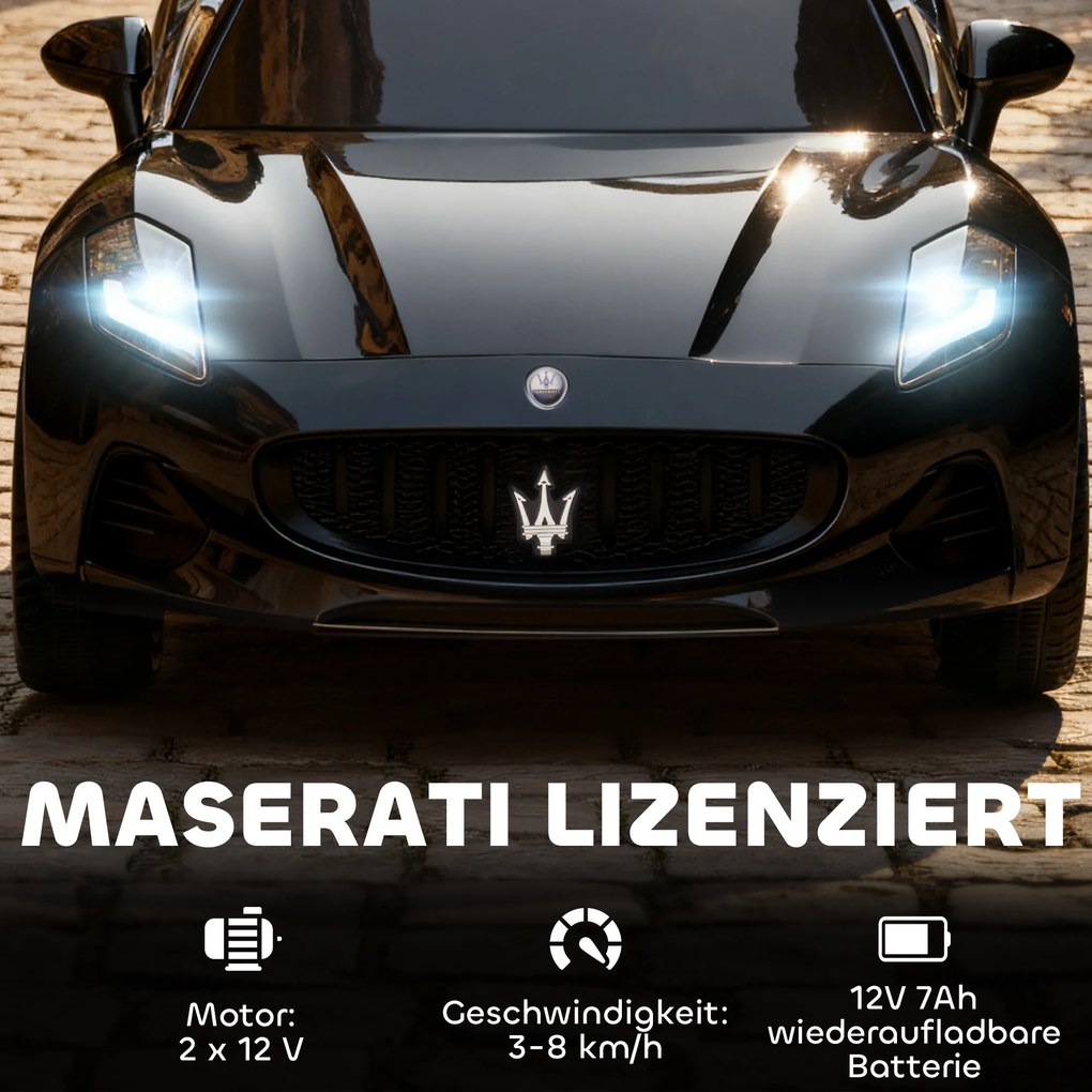 AIYAPLAY Dětské elektroauto Maserati, dvoumístné, 12V napájení z baterie, dálkové ovládání, LED světla, hudební funkce, černé