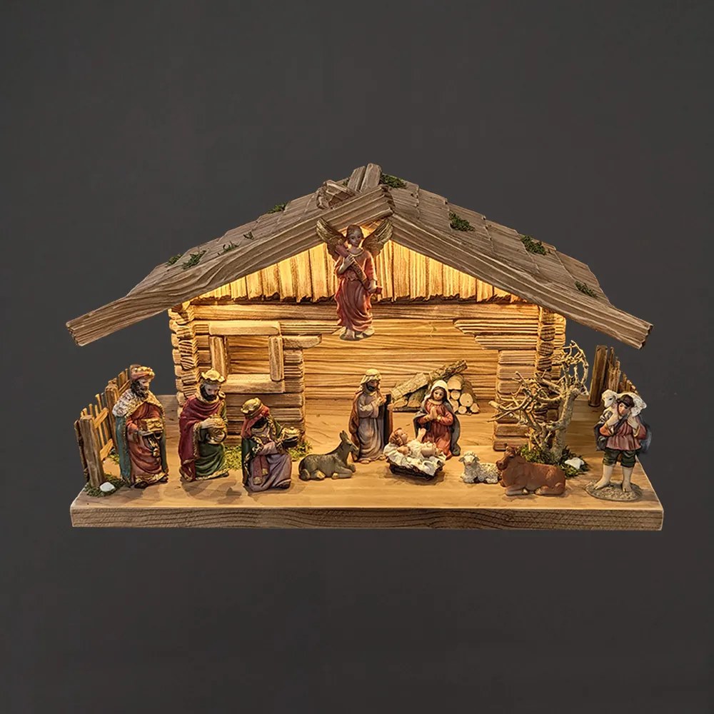 AMADEA Dřevěný betlém osvětlený s figurkami 42 cm, český výrobek