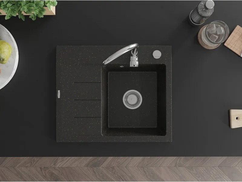 Mexen Ben, 1-komorový granitový dřez 600x500x190 mm, pravý + chromový sifon, černá-zlatá metalíza, 6523605000-75