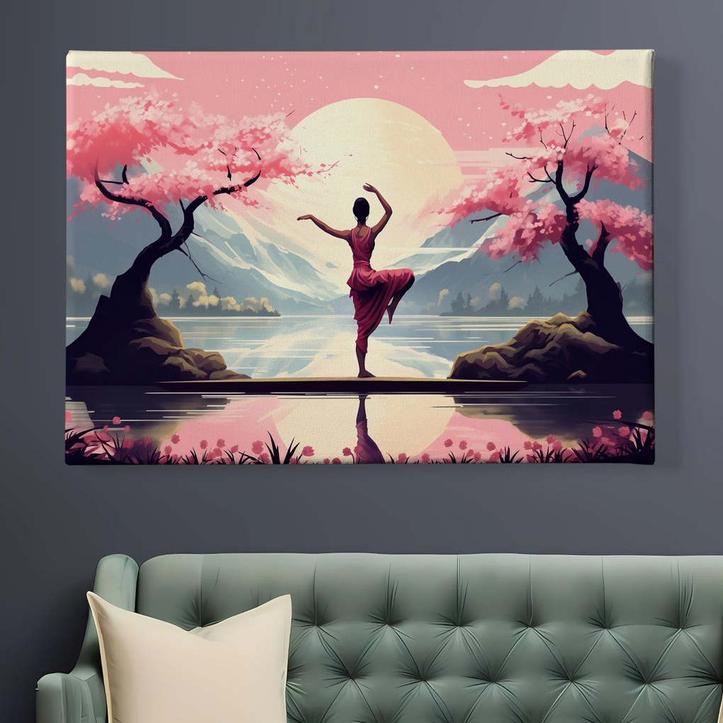 Obraz na plátně - BALANC, žena stojící mezi sakurami, Japonsko FeelHappy.cz Velikost obrazu: 120 x 80 cm