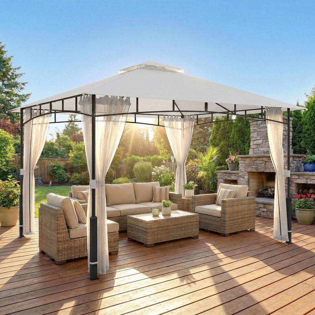 Outsunny Pavilon, 3x3,6 m vodoodpudivý Stabilní zahradní pavilon s moskytiérou, dvojitá střecha, pro zahradu, terasu, černý