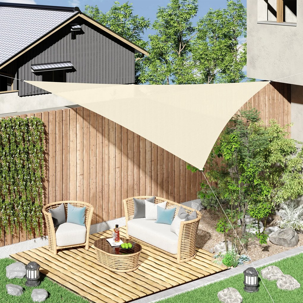 Velká trojúhelníková stínící plachta Outsunny 6 x 6 x 6 m, vysoce hustý UV-odolný polyethylen, krémová barva | Aosom