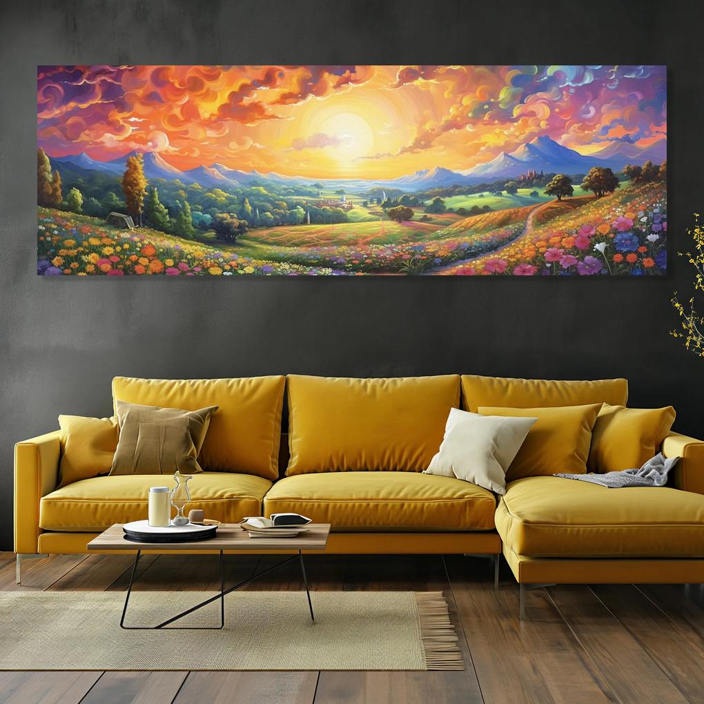 Obraz na plátně - Květinová krajina při západu slunce FeelHappy.cz Velikost obrazu: 180 x 60 cm