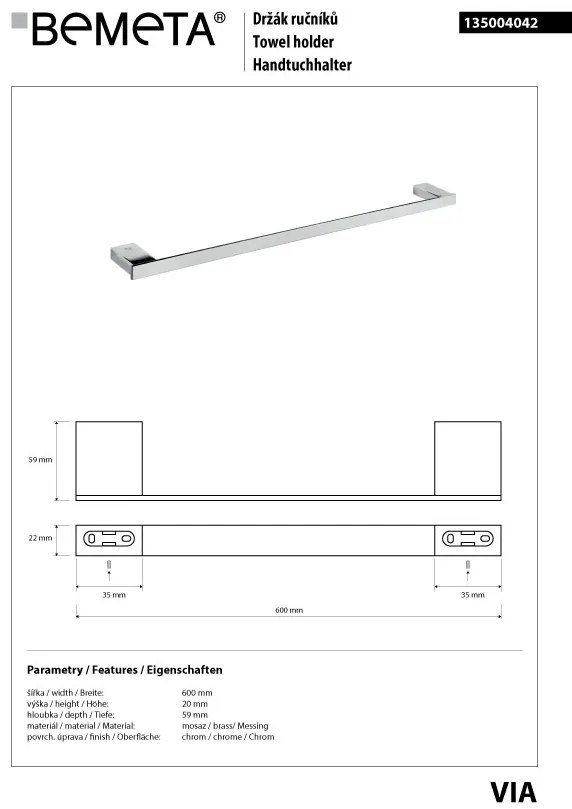 Bemeta Design VIA: Držák ručníků, 565 mm -