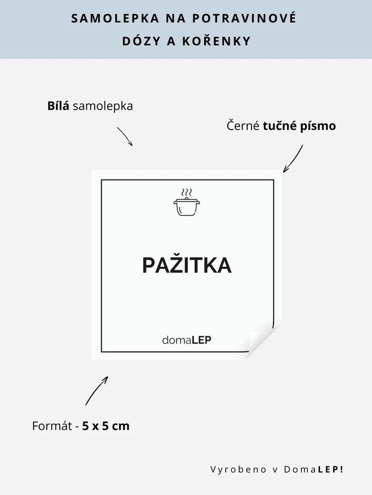 Samolepka na kořenky PAŽITKA bílá 5 × 5 cm tučné písmo
