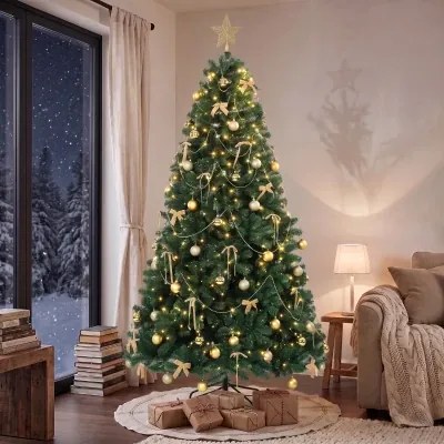 HOMCOM Dekorativní vánoční stromek 230 cm s 296 LED, 755 nehořlavé větvičky, špička, 42 koulí, 30 mašlí, dekorace, zlatá, zelená